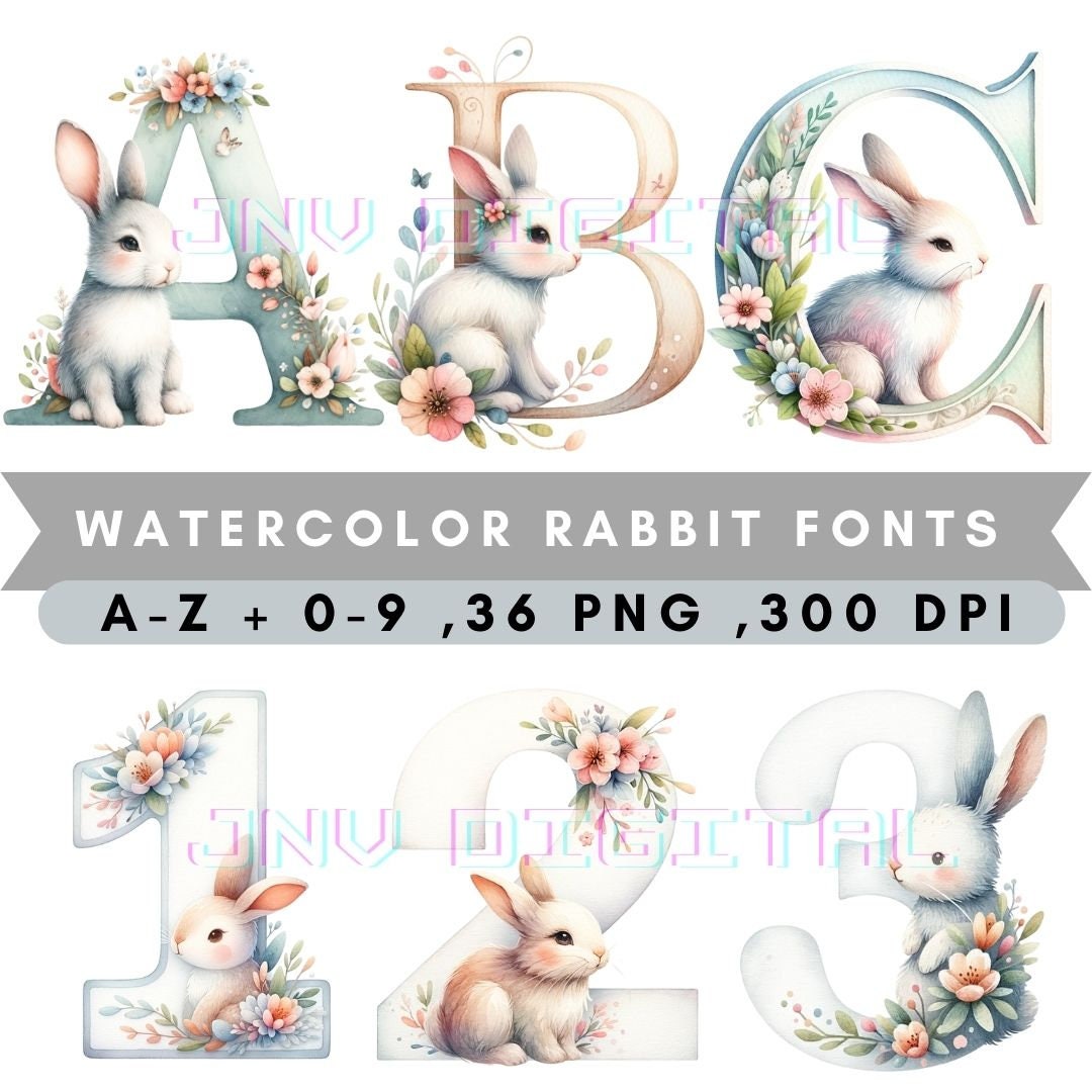 Whimsical Rabbit Watercolor Font - High-res PNG, 300 DPI, 4096x4096 ...
