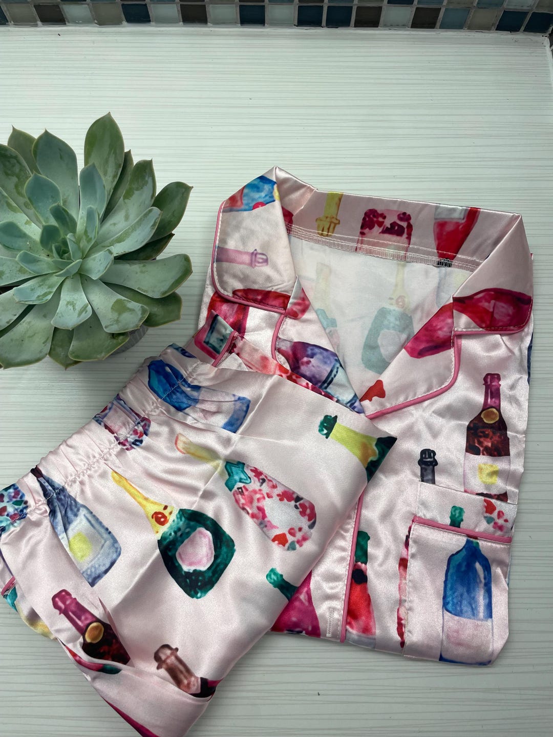 Wine Bottle Pajama Set Cute Short Set, Pink Pajamas, Monogram Pajamas ...