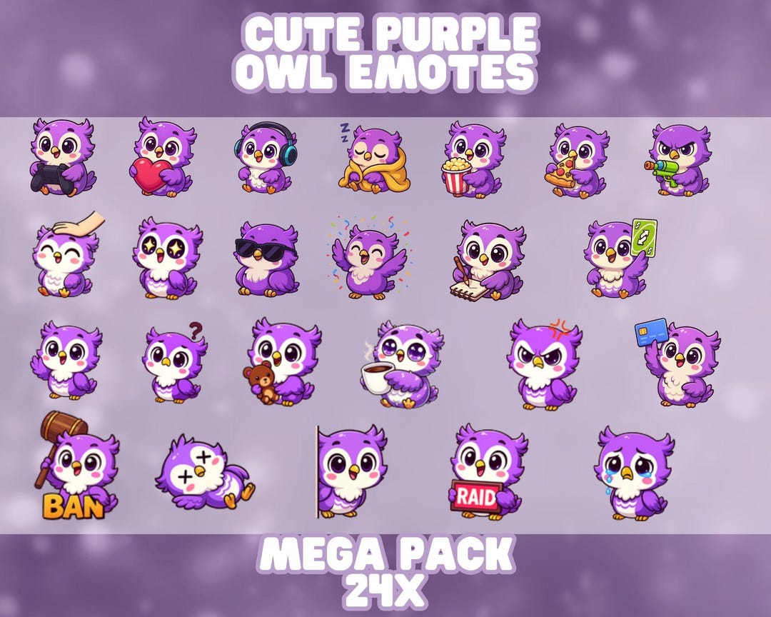 24x MEGA Cute Purple OWL EMOTES | Owl Emote | Twitch Youtube Discord ...