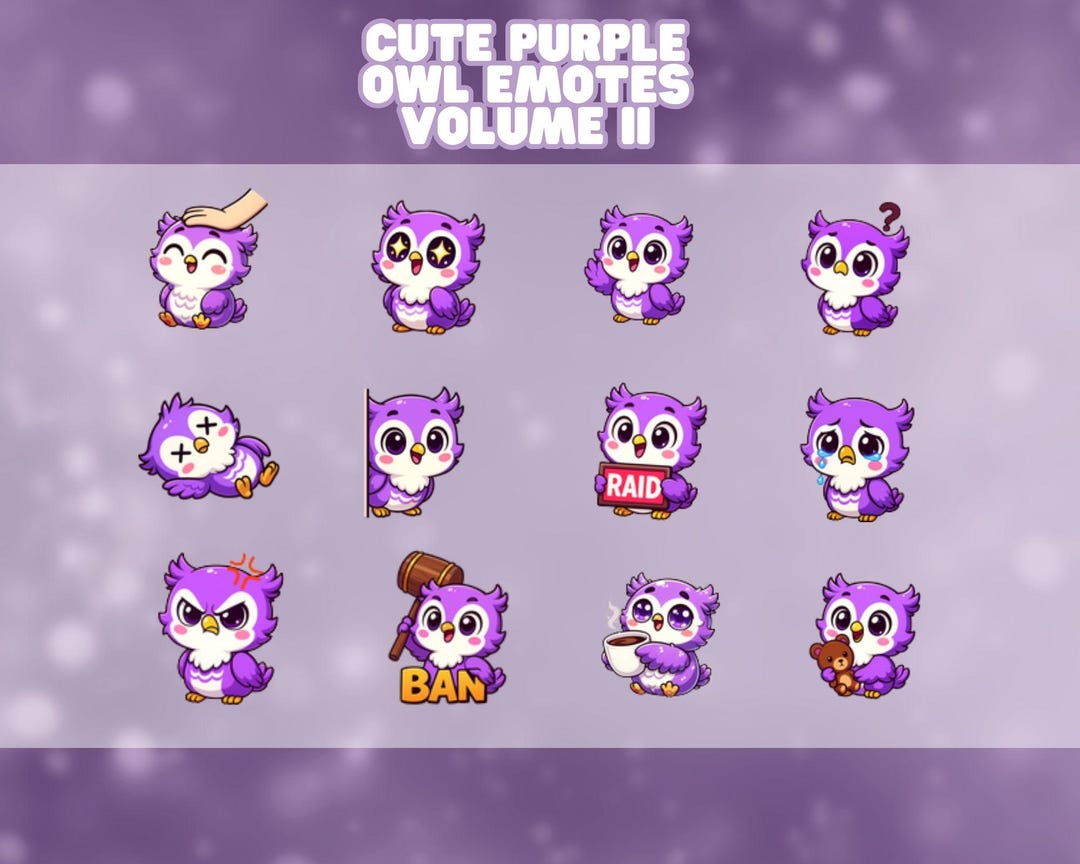 12x Cute Purple Emote Owls VOLUME 2 | Owl Emote | Twitch Youtube ...