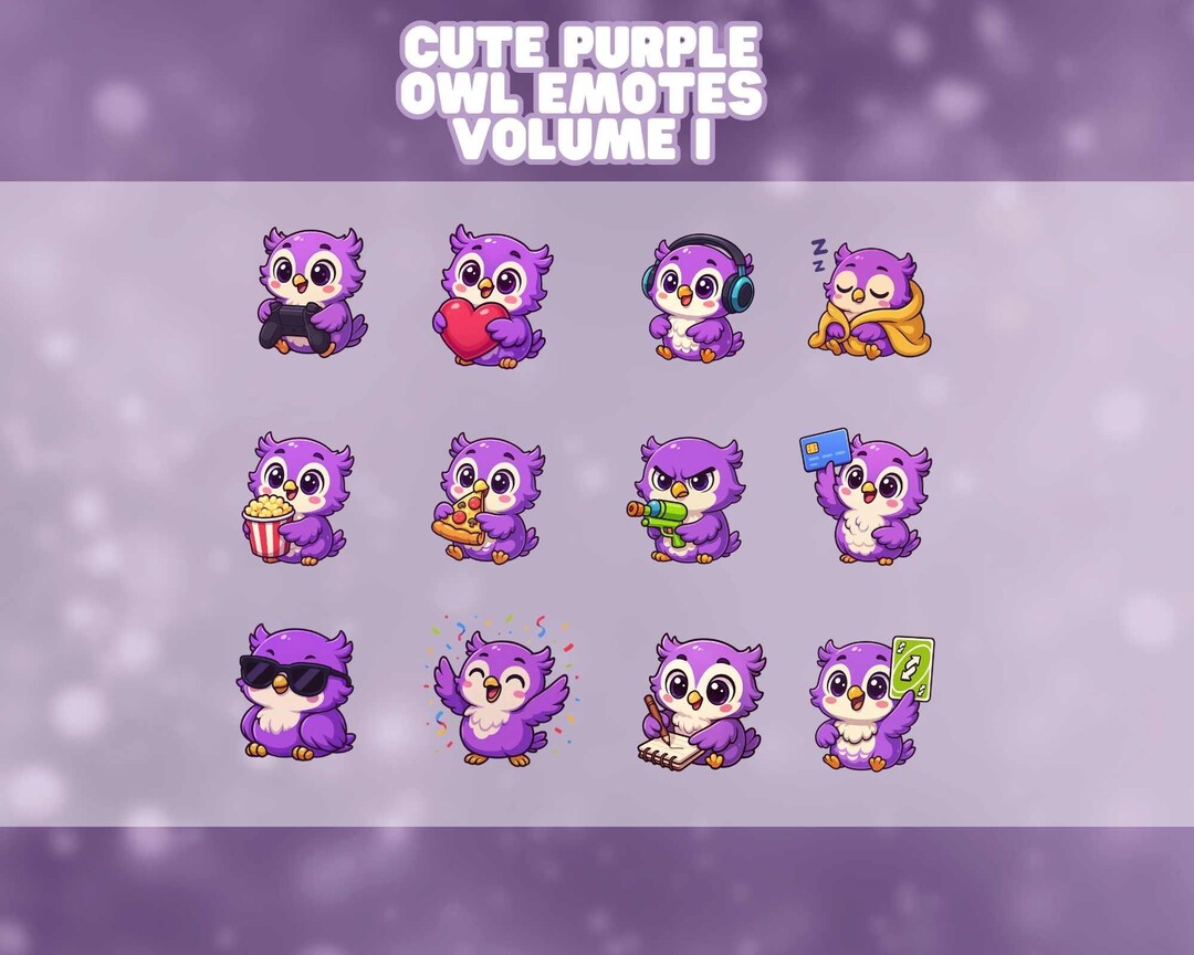 Purple Owl Twitch Emotes Pack – 12 Cute Kawaii Owl Emotes for Twitch ...