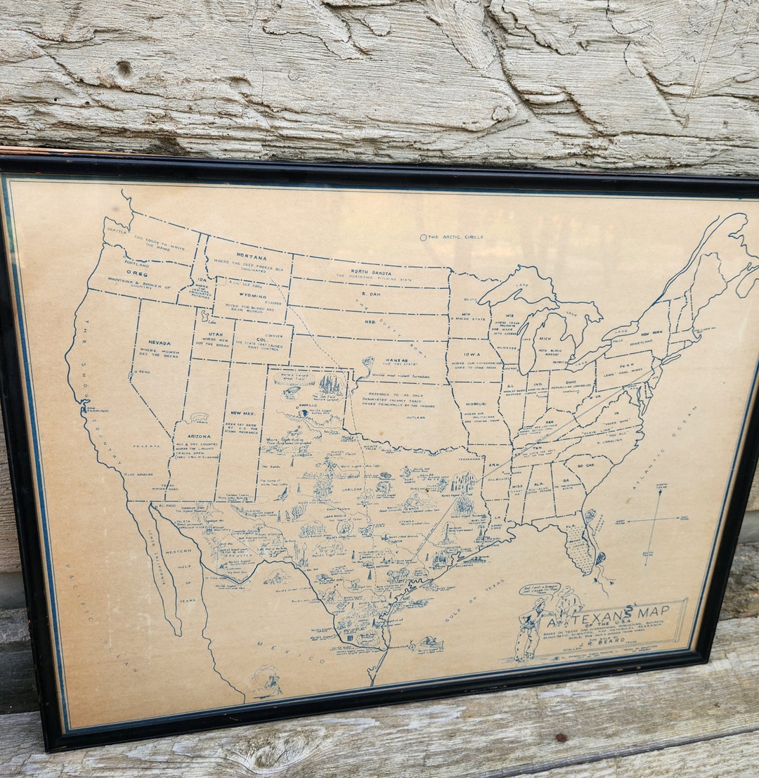 1947 First Edition Map. A Texan's Map of the USA by the J.R Beard ...