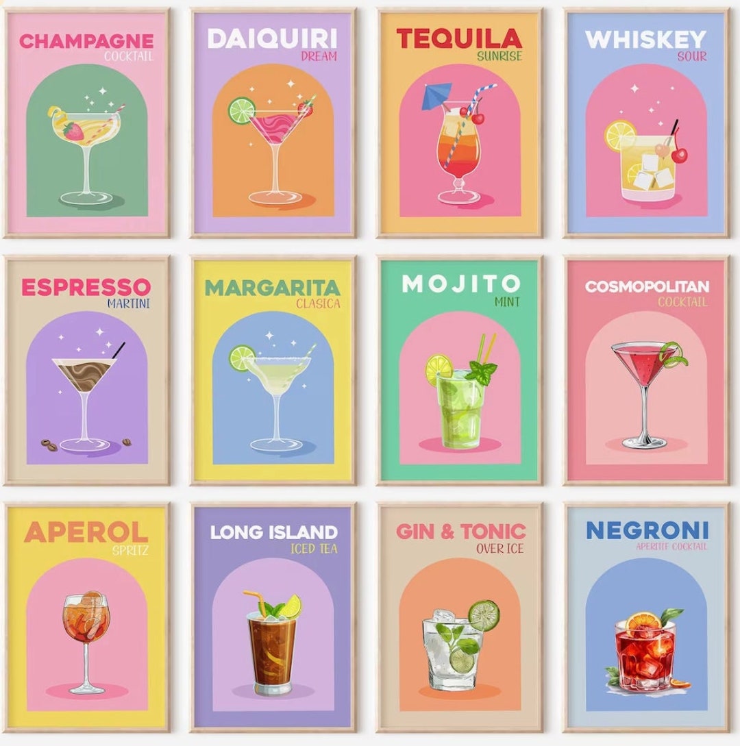 Retro Cocktail Posters, Happy Hour Wall, Digital Prints - Etsy UK