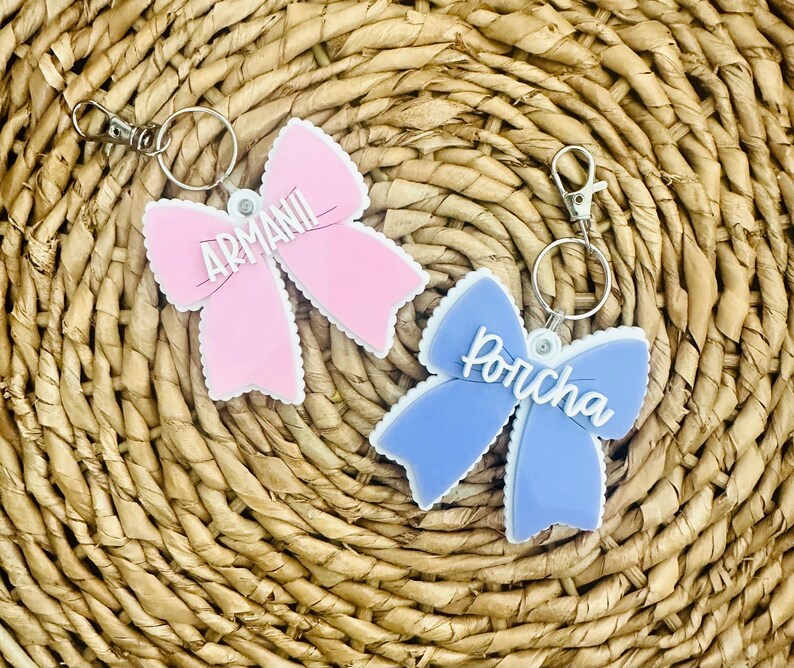 Acrylic Bow Keychain, Scalloped Bow Name Tag, Personalized Bow Name Tag ...