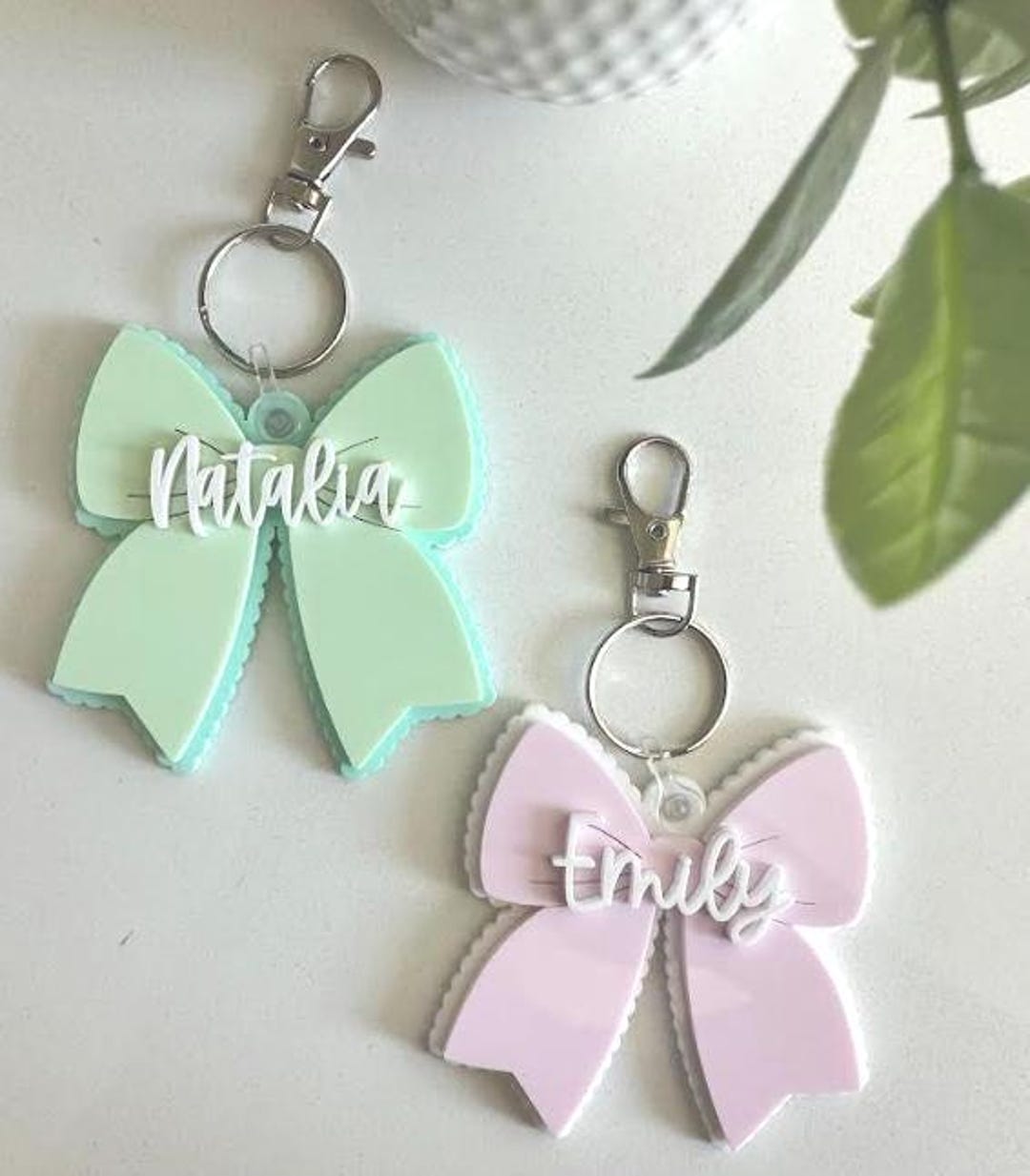 Acrylic Bow Keychain, Scalloped Bow Name Tag, Personalized Bow Name Tag ...