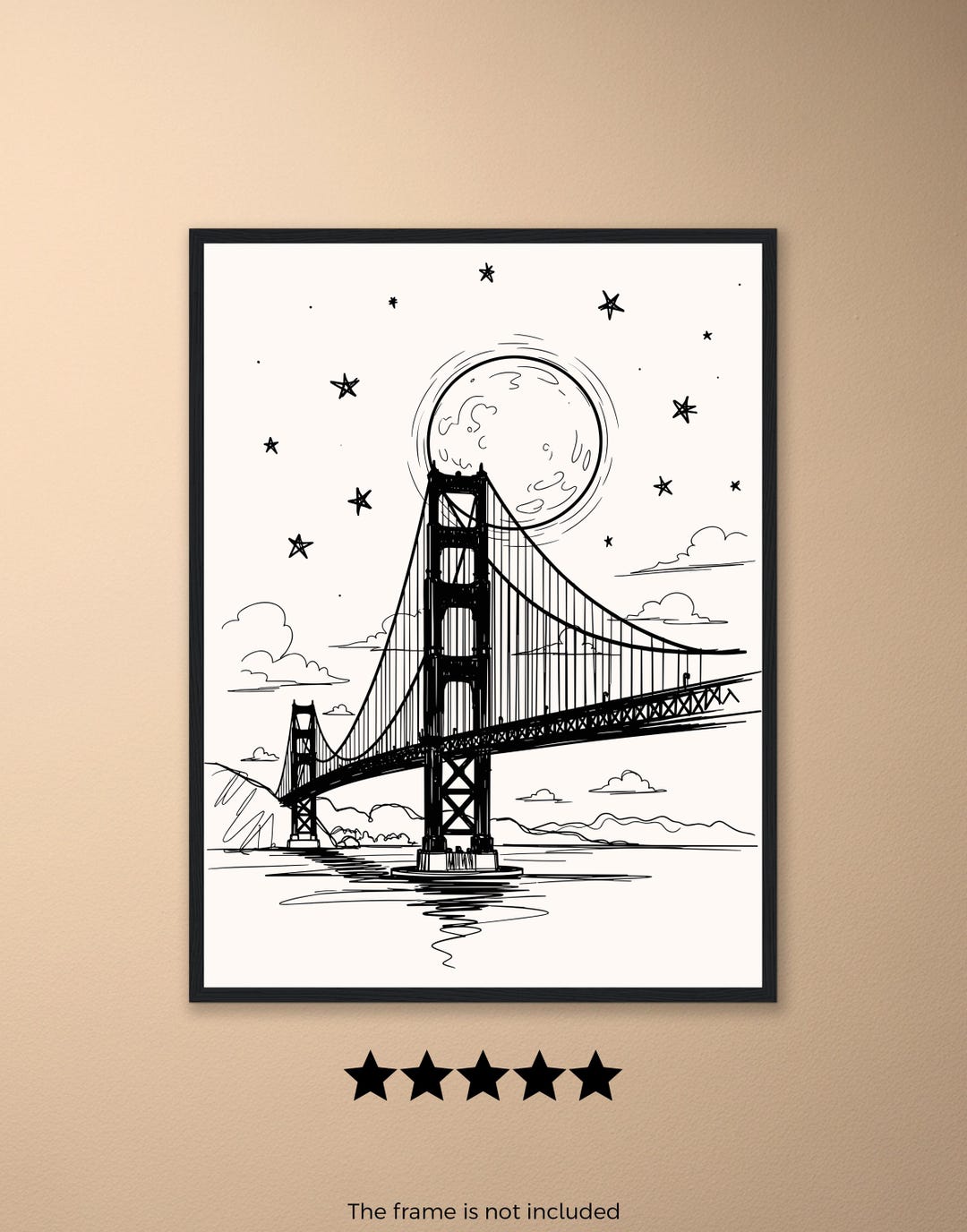 Golden Gate Bridge Night Sketch Art Print, San Francisco Moon Stars ...