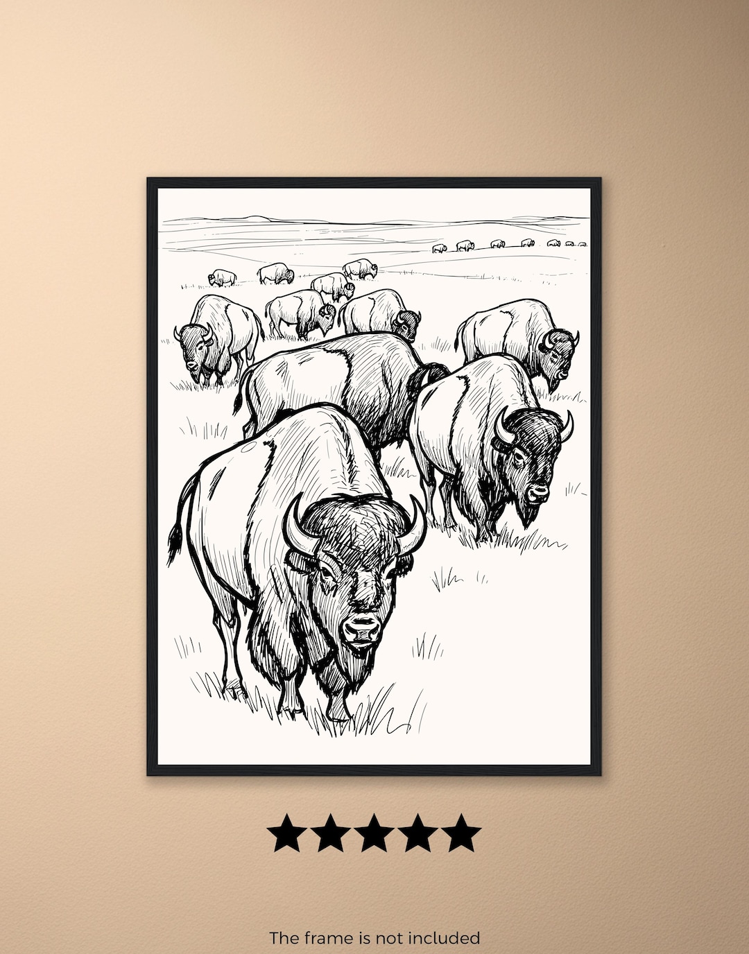 Bison Herd Sketch Art Print, American Buffalo Line Drawing, Rustic ...