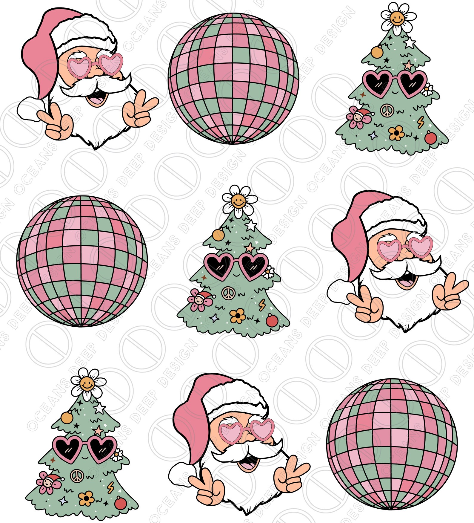 Retro Groovy Pink Christmas Pattern Santa Disco Ball Christmas Tree ...
