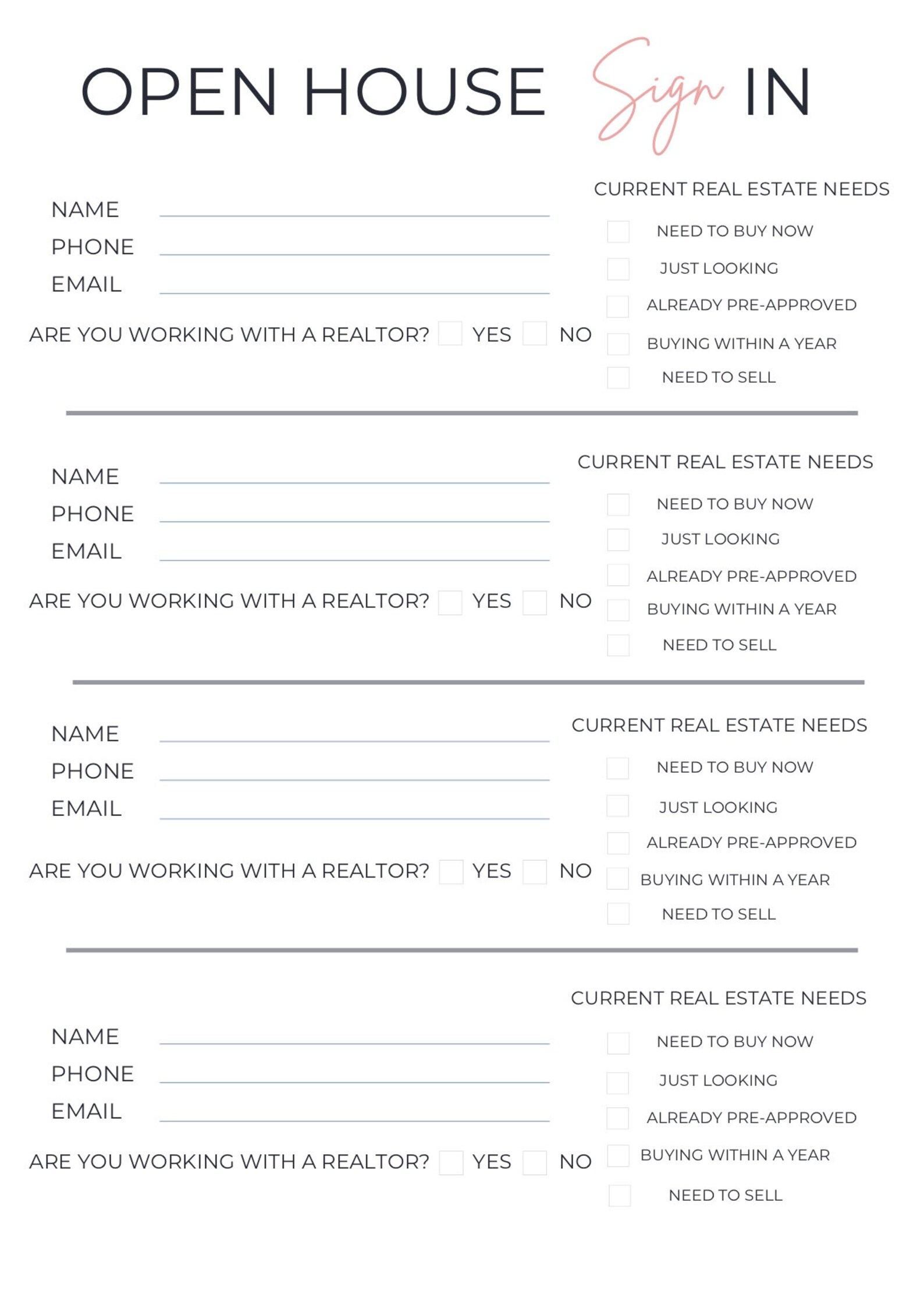 Real Estate Open House Sign in Sheet Real Estate Agent Template Real ...