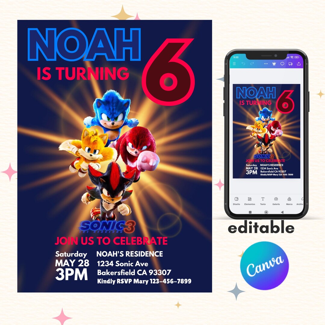 Sonic Birthday Invitation, Editable Printable Invite, Sonic 3 Party ...