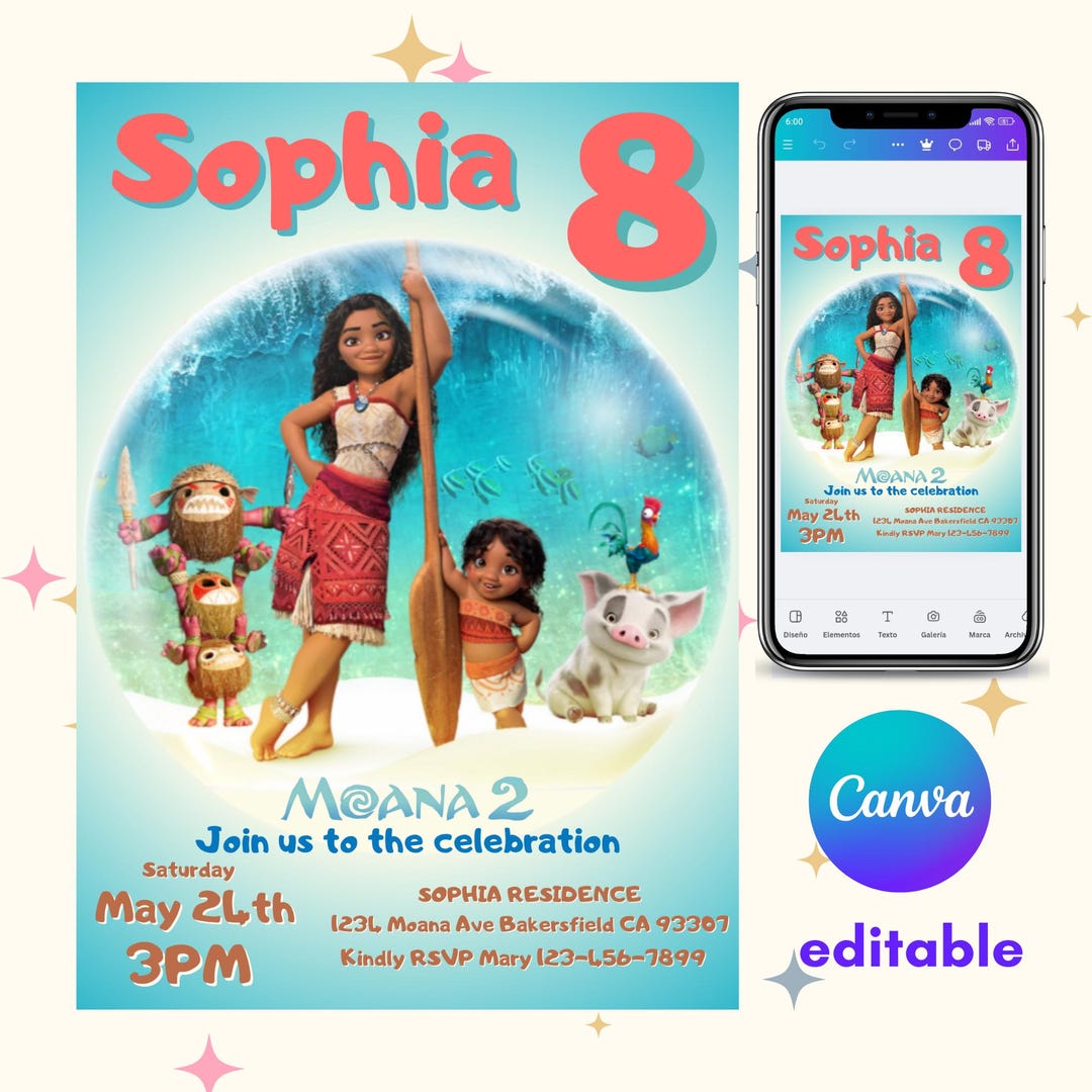 Moana 2 Invitation Template, Canva Invitation, Moana Birthday ...