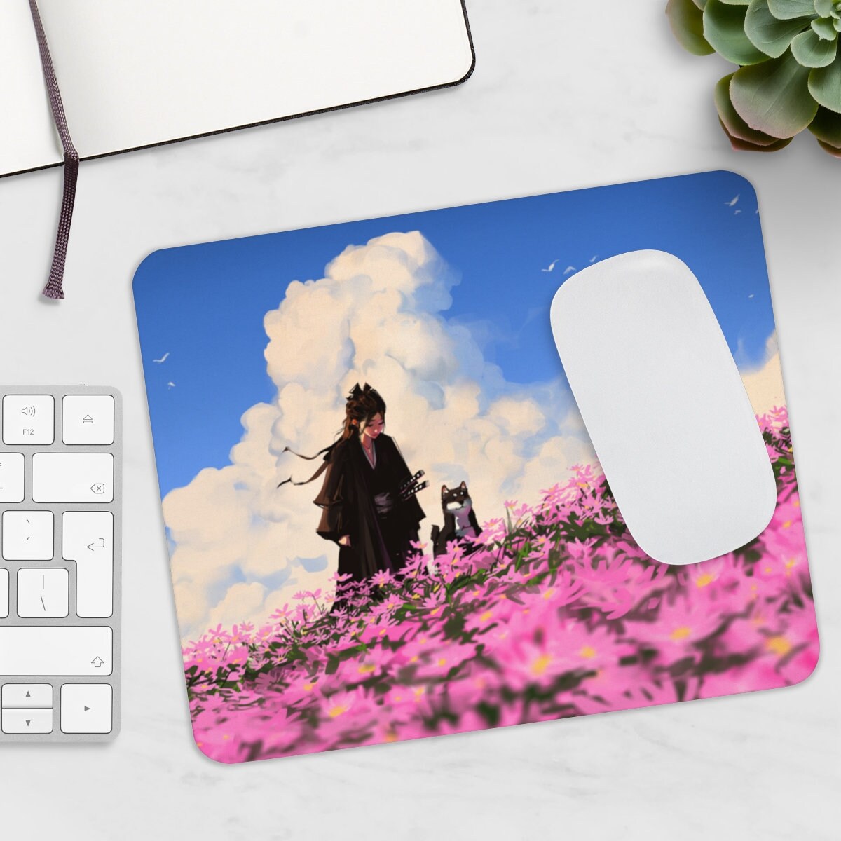 Pink Sakura Samurai Mousepad Anime Girl With Dog and Cherry - Etsy