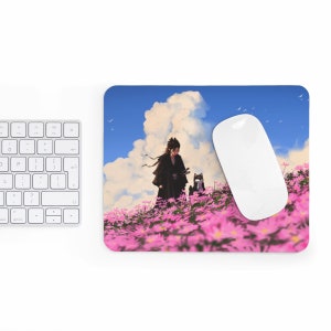 Pink Sakura Samurai Mousepad Anime Girl With Dog and Cherry Blossoms ...