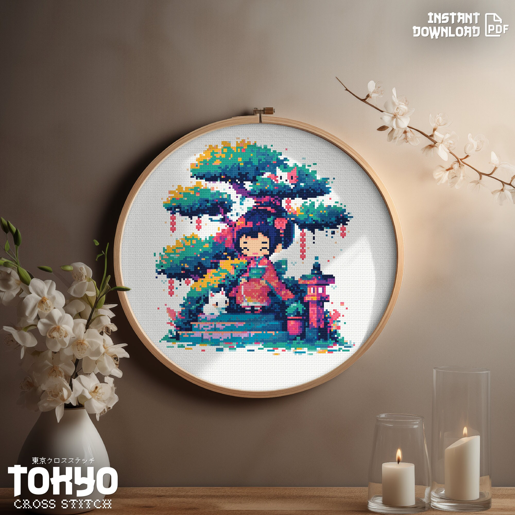 Counted Cross Stitch PDF Pattern "geisha and Cat Rest Under the Bonsai ...