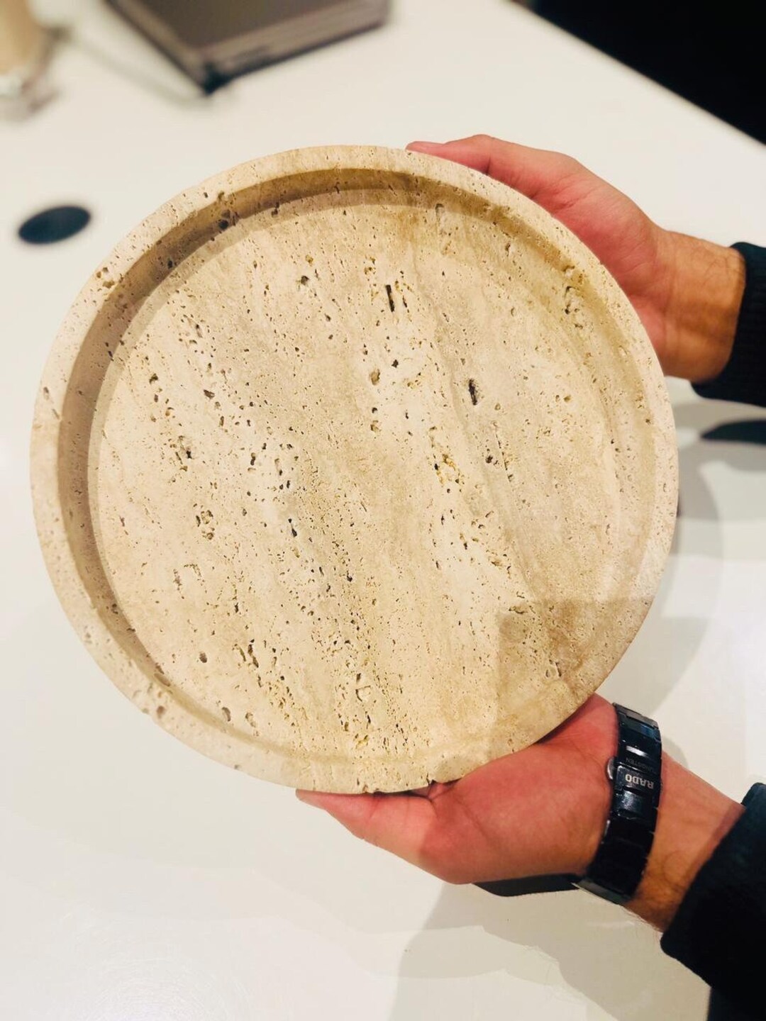 Round Travertine Serving Tray, Handmade Marble, Living Room Tray, Stone ...