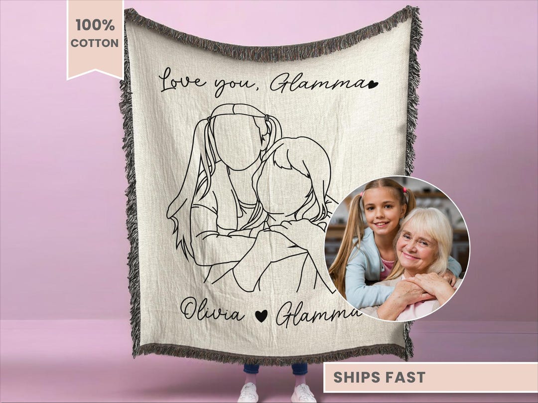 Personalized Glamma Line Art Portrait Woven Blanket Gift for Glamma Art ...