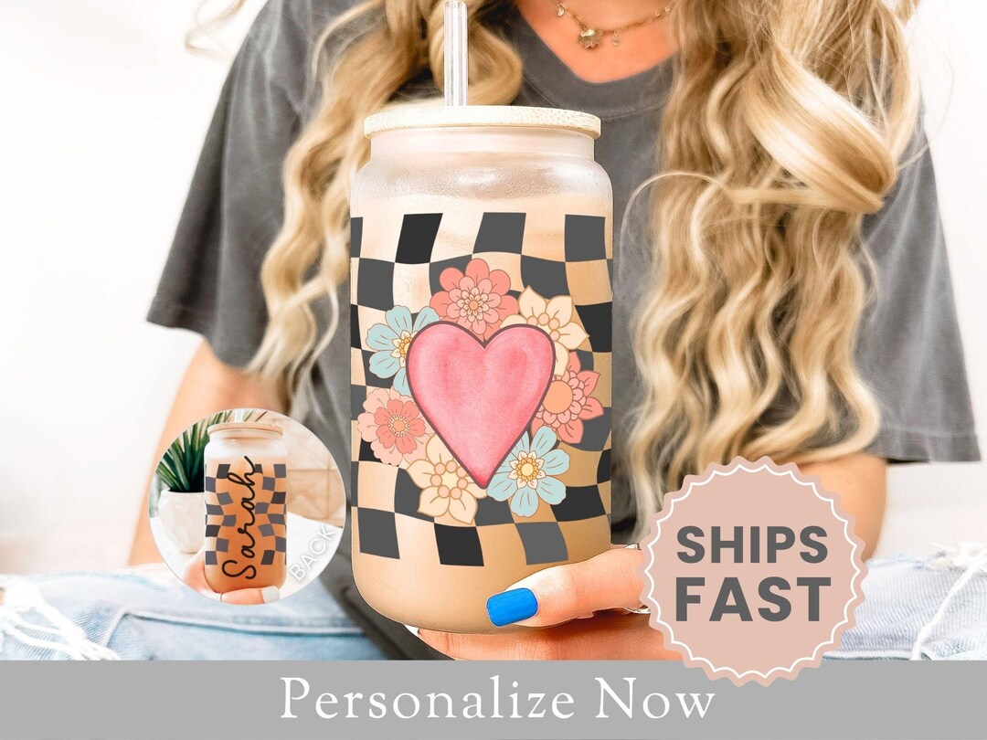 Personalized Checkered Frosted Glass Cup Gift for Retro Lover Christmas ...