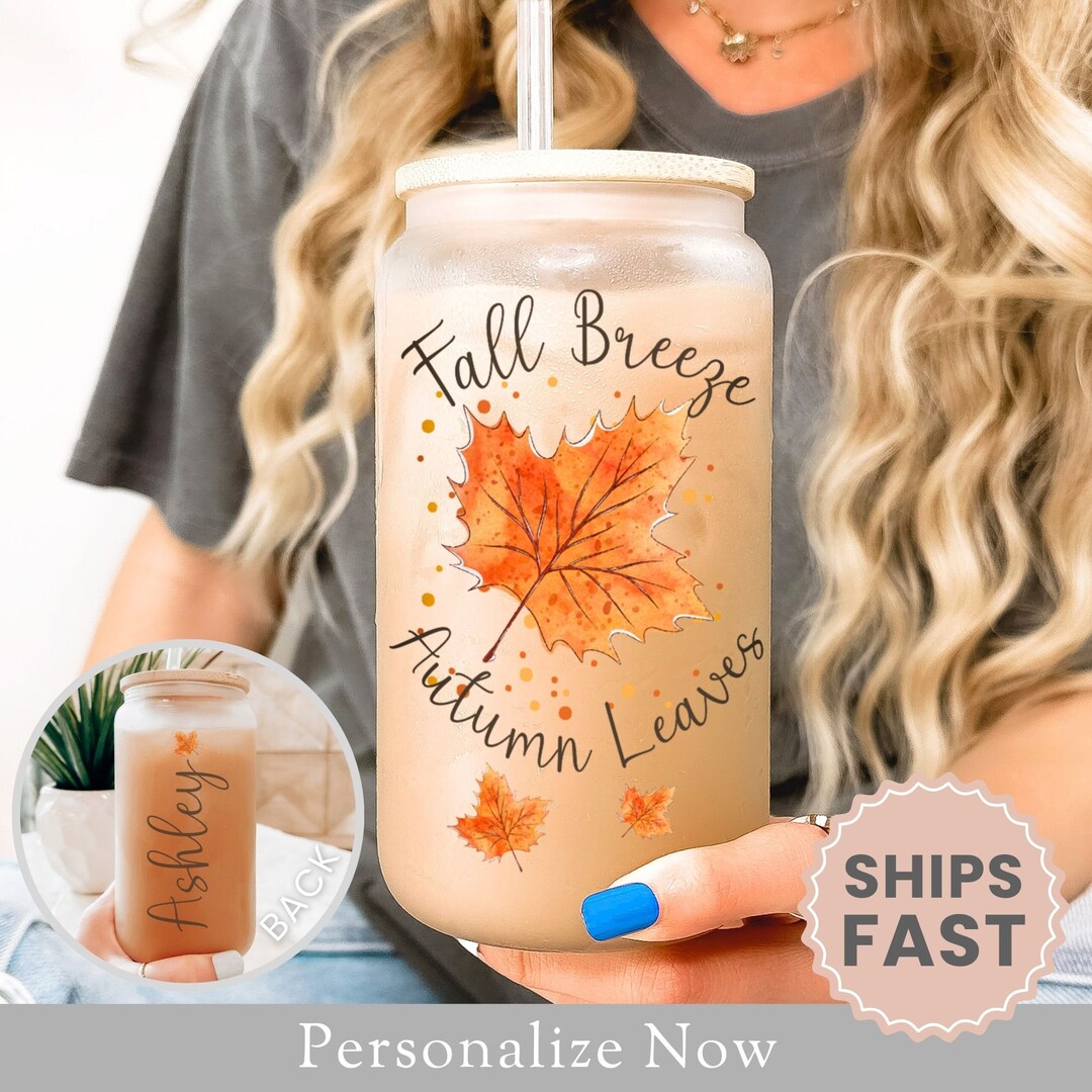 Personalized Fall Leaves Frosted Glass Cup Gift for Autumn Leaves Iced ...