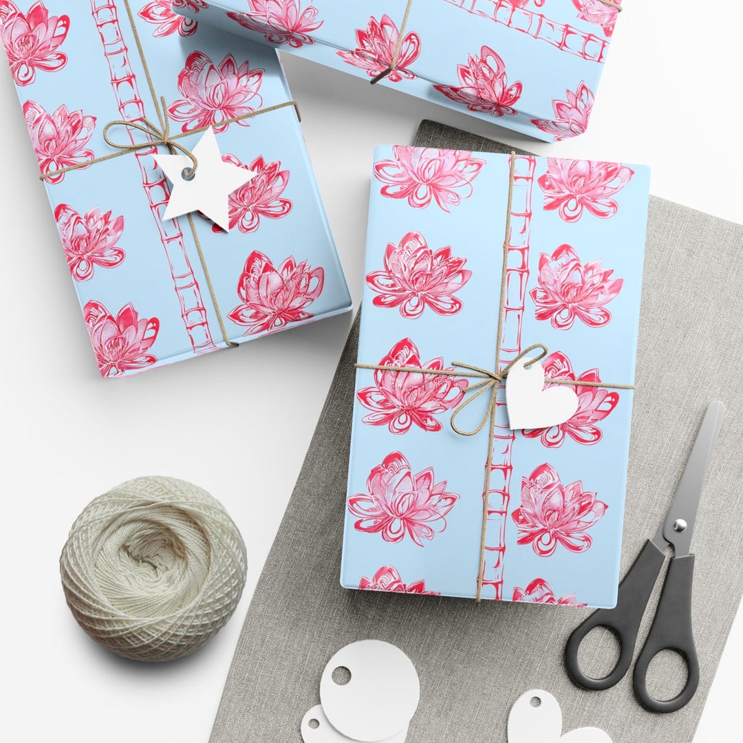 Japanese Lotus & Bamboo Wrapping Paper, Elegant Floral Pattern ...