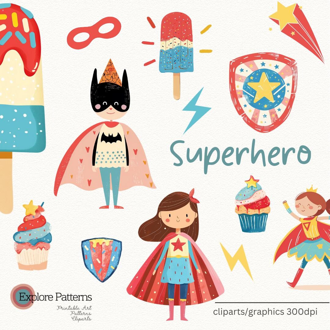 Cute Superheroes Clip Art, Seamless Patterns for DIY Kids Birthdays ...