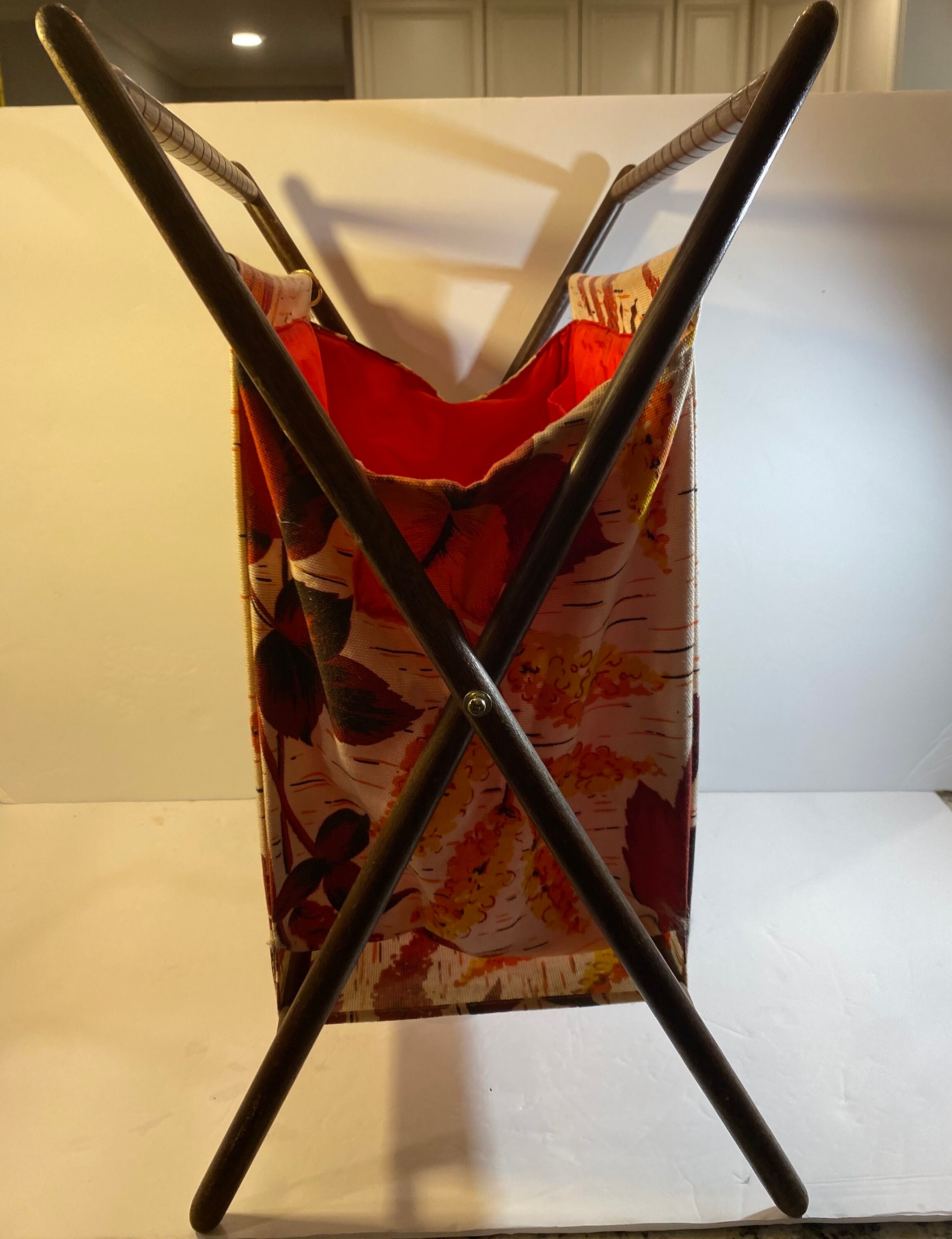 Vintage Retro Standing Folding Wood Frame Knitting Basket Tote Lined ...