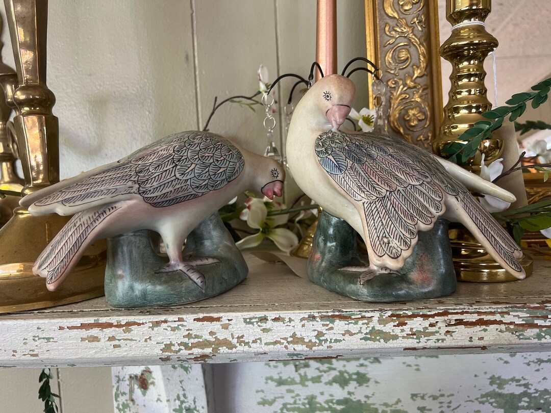 Pair Vintage Chinoiserie Pastel Multicolored Wings Dove Birds Figures ...