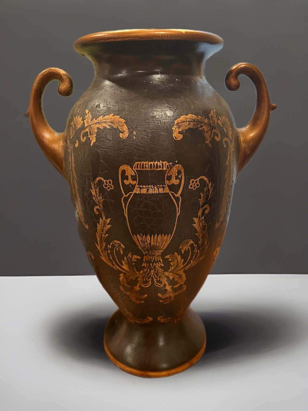 Vintage | Grecian Urn | Brown Gold Handles Cermaic Floral | Gilded Vase ...
