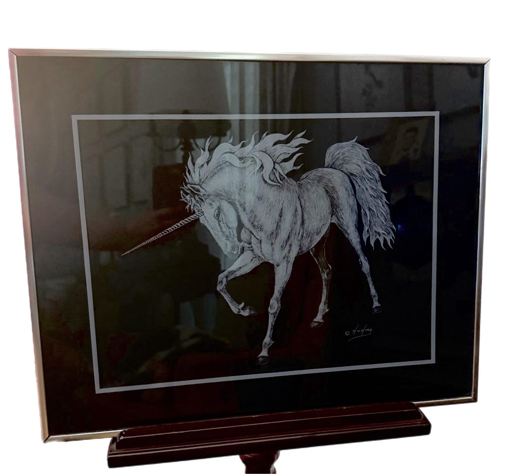 Vintage | HW Hoag Unicorn Horse Black & White Framed Art Print | Art ...