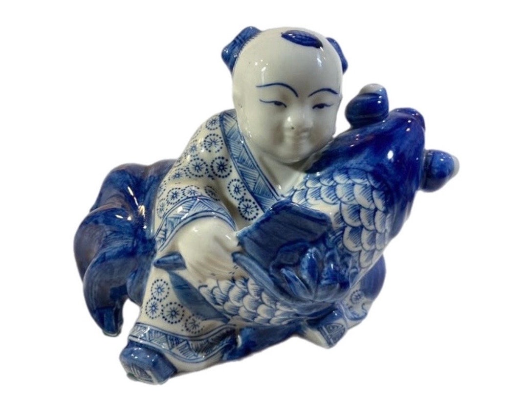 Vintage Chinese Chinoiserie Porcelain Asian Boy Riding Koi Fish ...