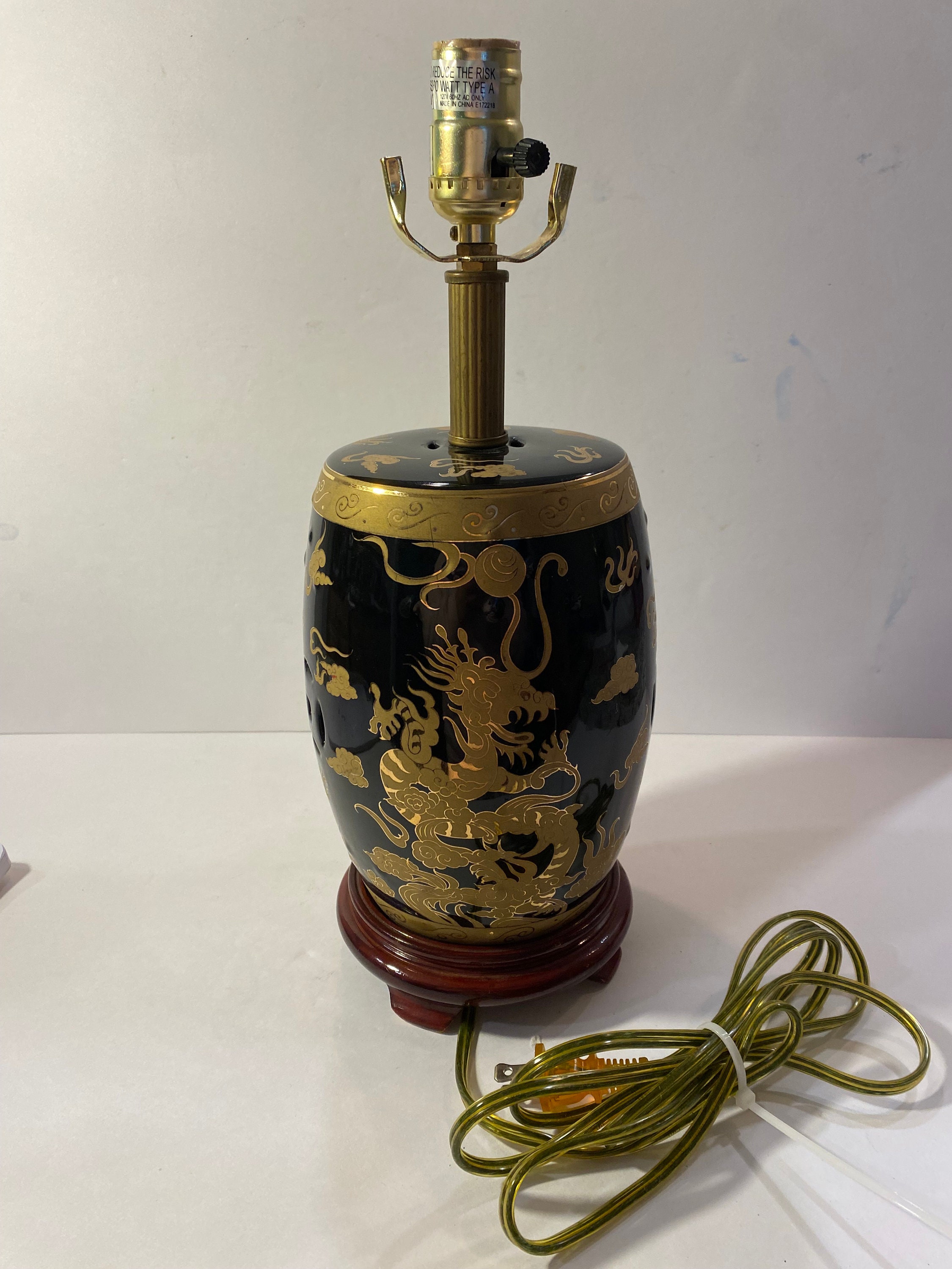 Vintage Chinoiserie Garden Stool Lamp Blank and Gold Dragons Porcelain ...