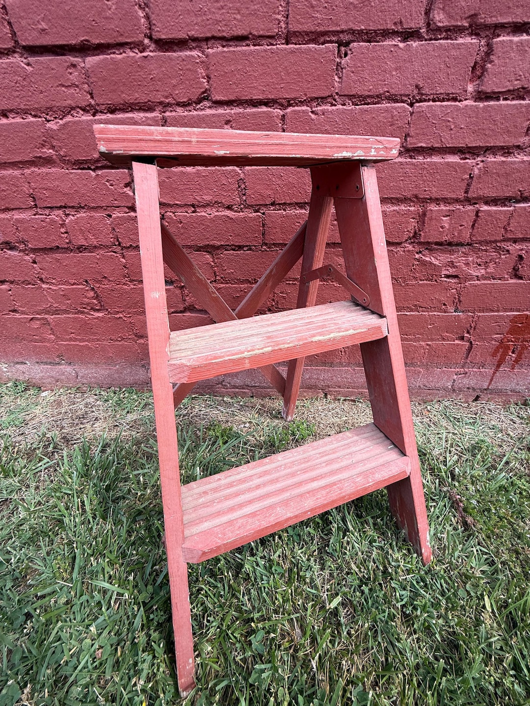 Rustic | Wooden Folding Red 2 Foot Step Ladder | Primitive Farmhouse ...