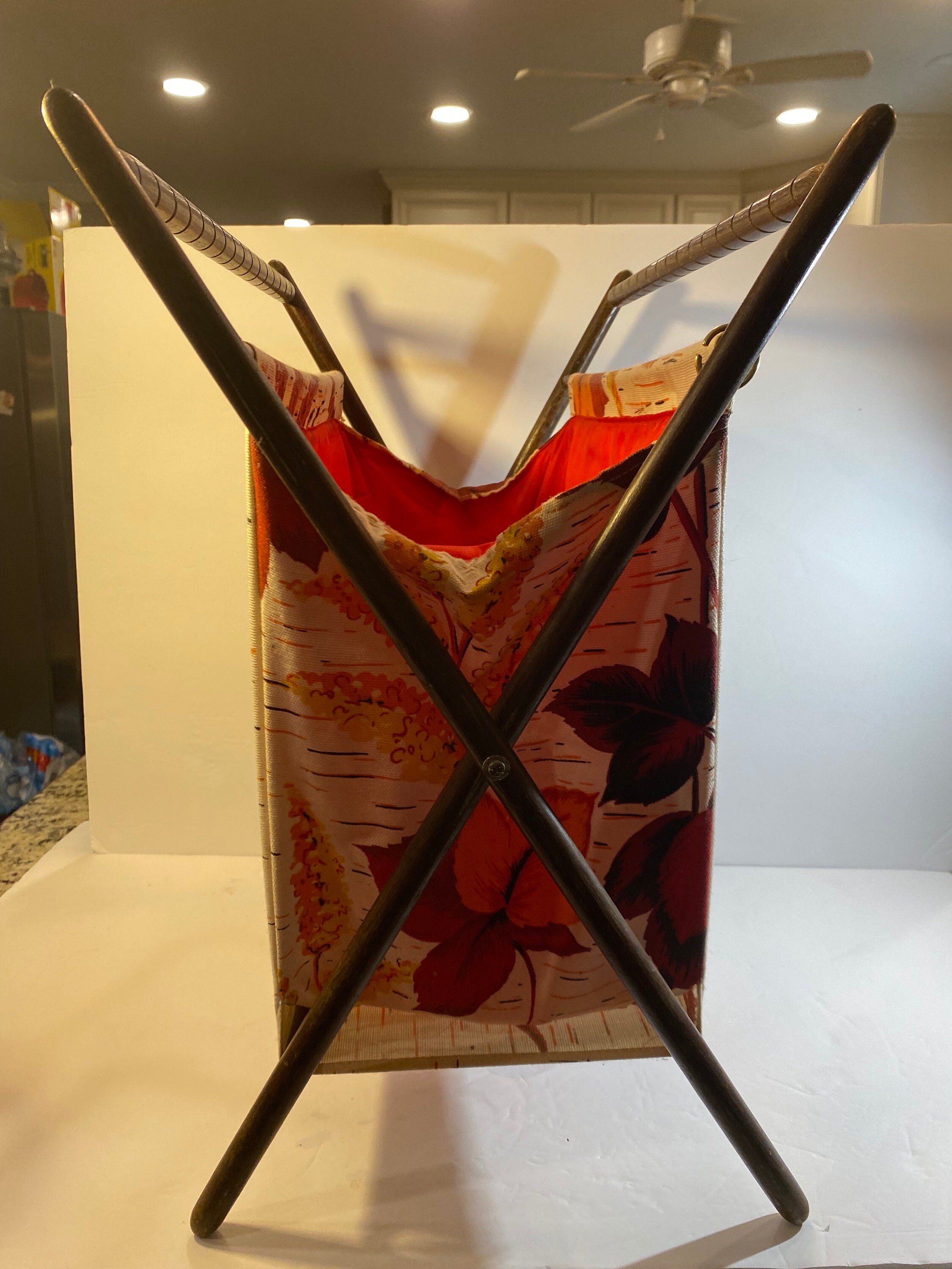 Vintage Retro Standing Folding Wood Frame Knitting Basket Tote Lined ...