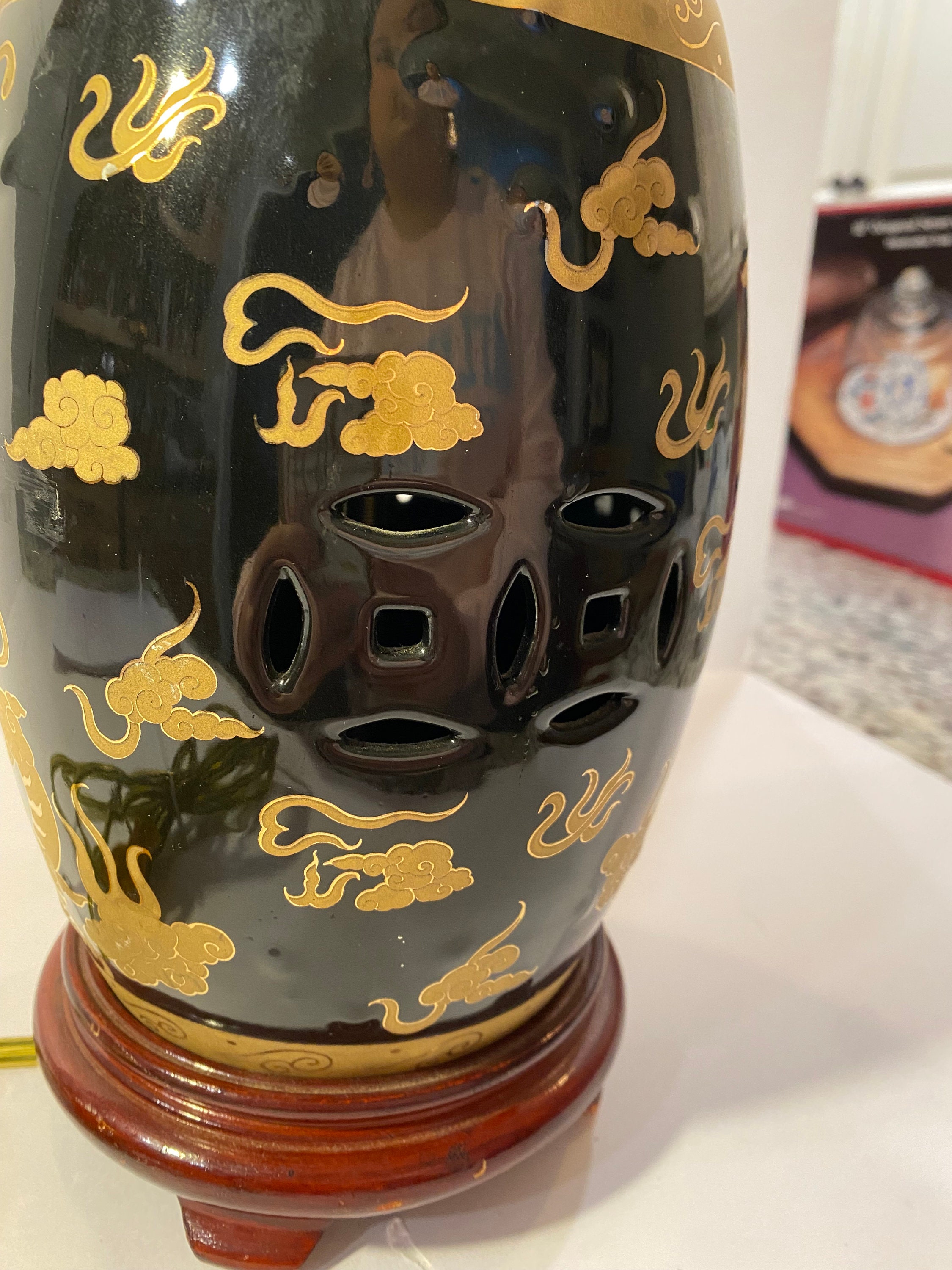 Vintage Chinoiserie Garden Stool Lamp Blank and Gold Dragons Porcelain ...