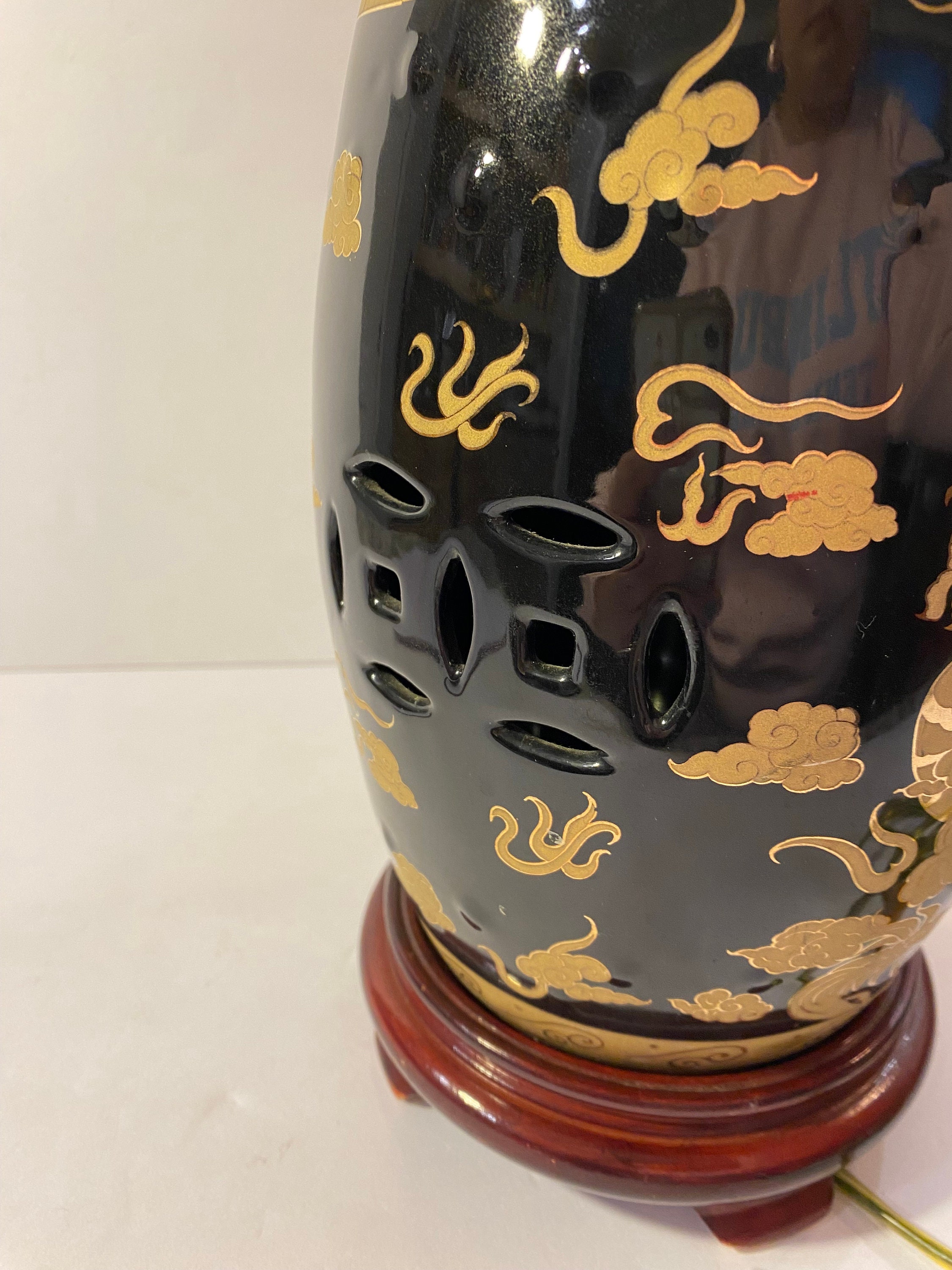 Vintage Chinoiserie Garden Stool Lamp Blank and Gold Dragons Porcelain ...
