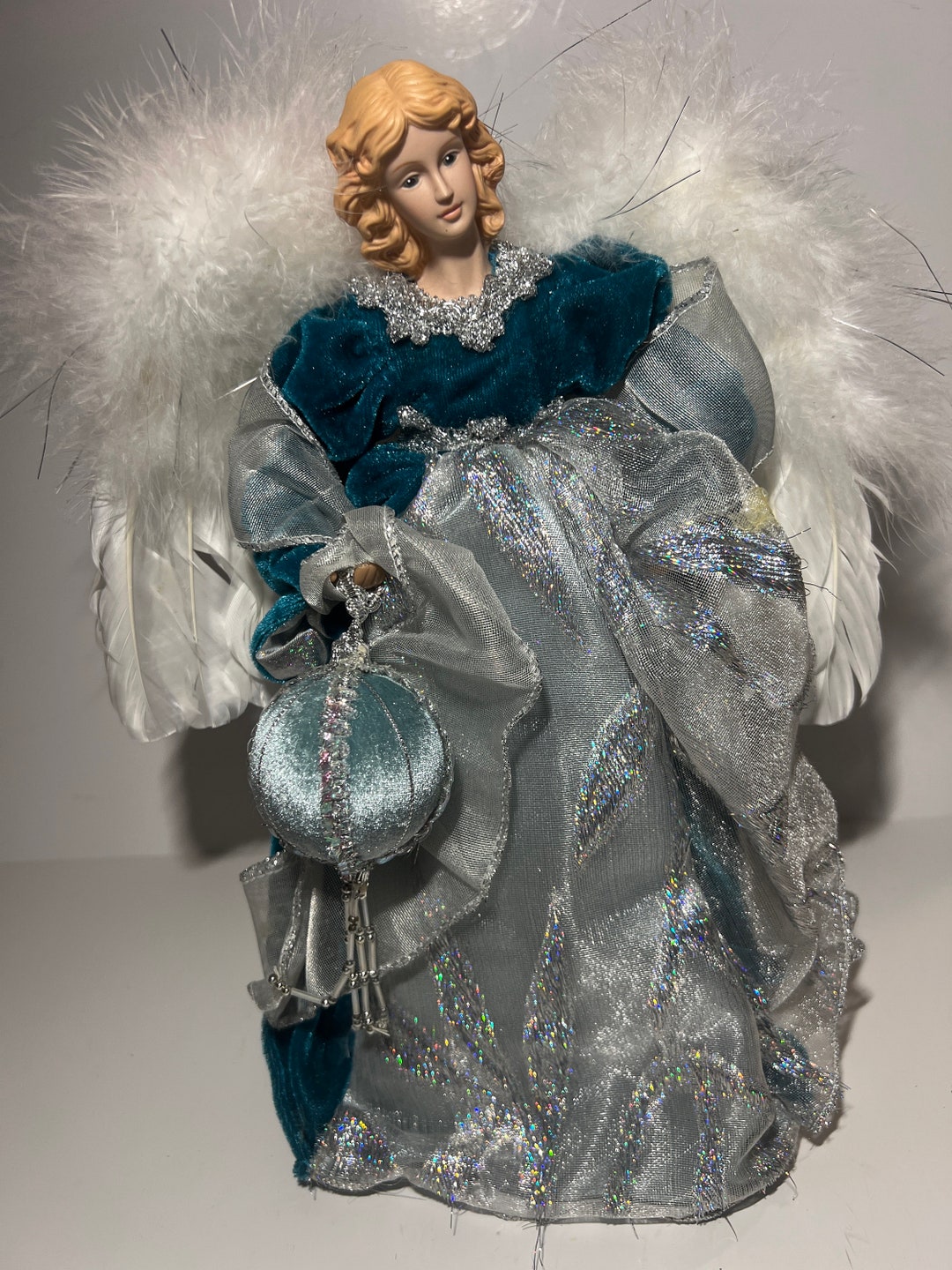 Vintage Angel Tree Topper Resin | Teal Turquoise Blue Silver Dress ...