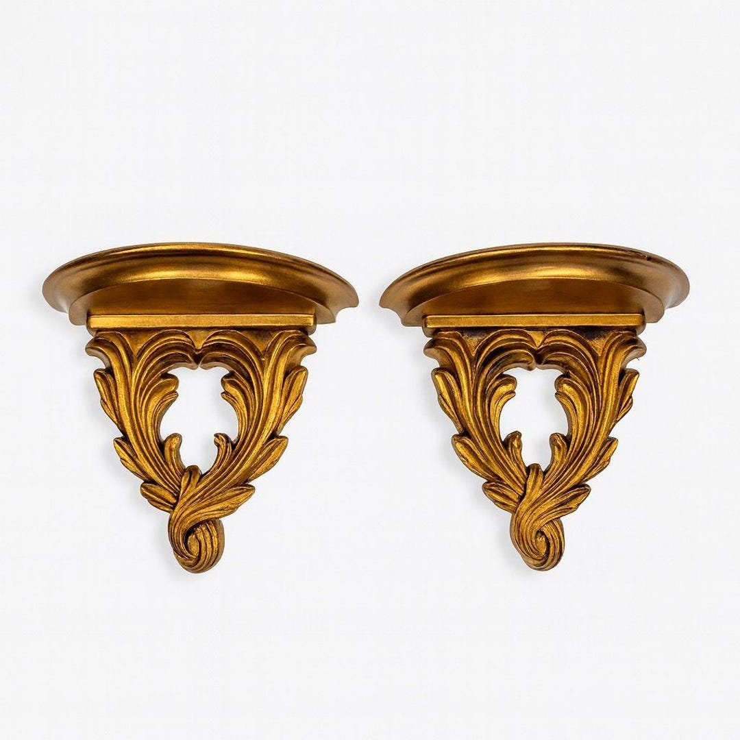 Pair Wall Shelves Floating Vintage Wood Floating Shelves Painted Gold ...