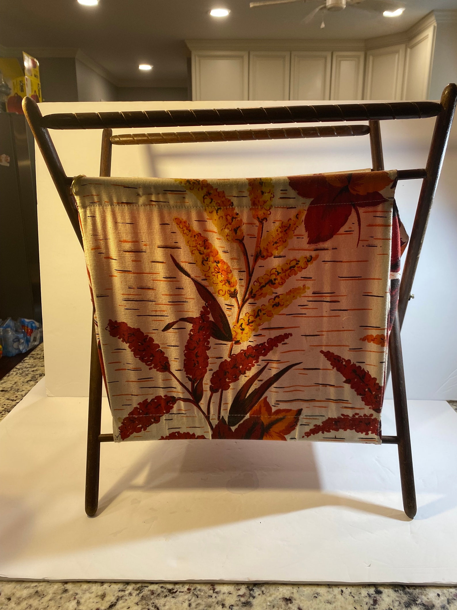 Vintage Retro Standing Folding Wood Frame Knitting Basket Tote Lined ...