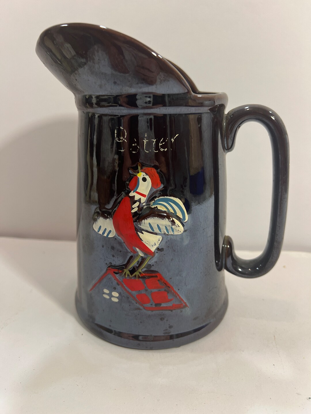 Ceramic Redware Brown Luster Pancake Batter Pitcher Rooster Design ...
