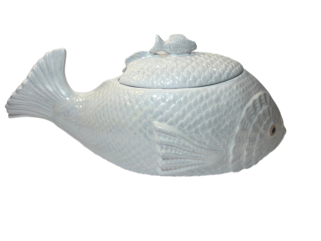Vintage Artist's Ceramic Fish Soup Tureen White Iridescent Coastal ...