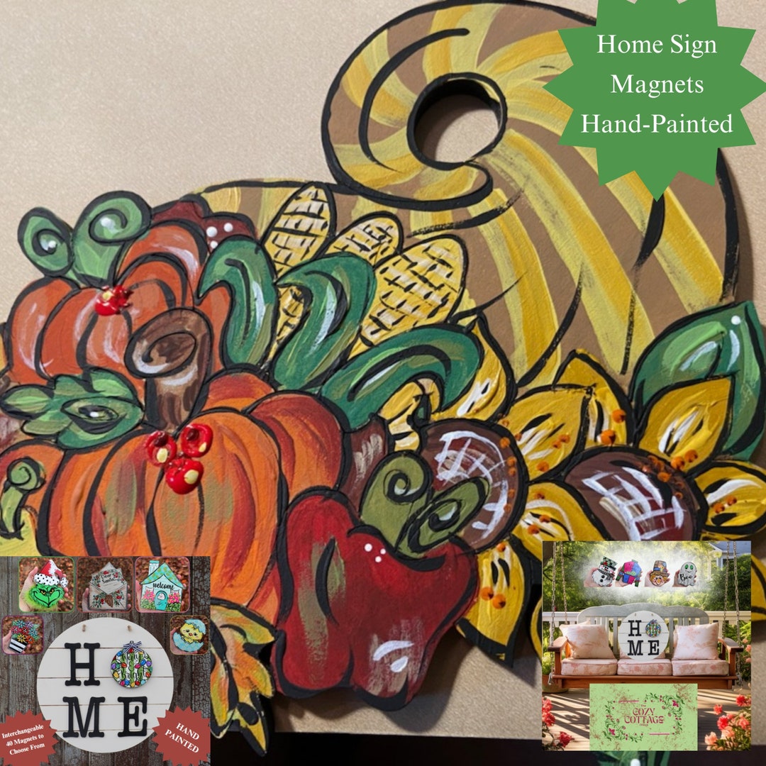 Hand-painted Cornucopia Home Sign Magnet, Front Door Decor, Door Hanger ...