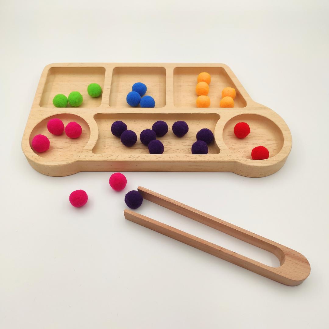 Montessori Wooden Sorting Tray With Tongs for Preschool Kids, Tinker ...