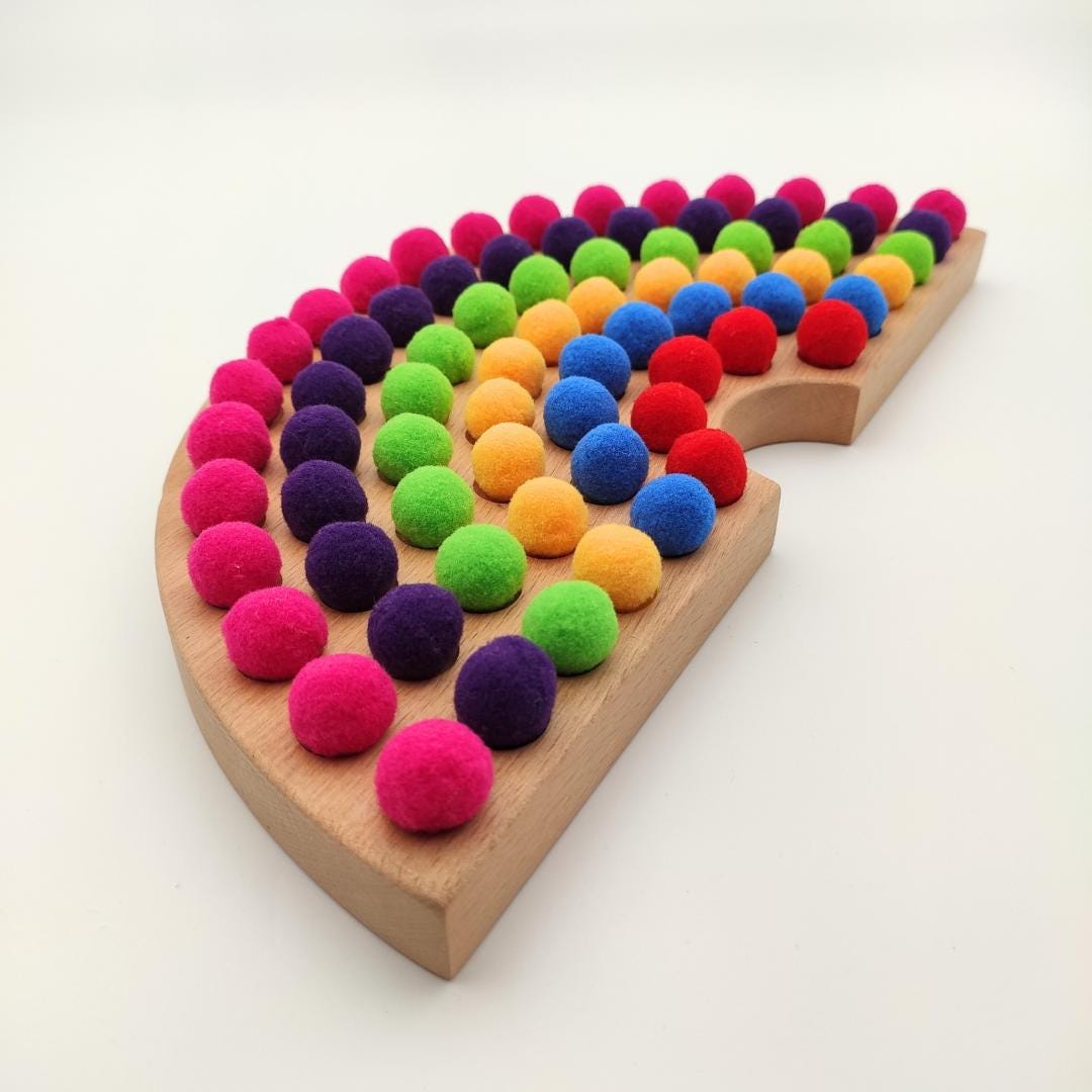 Montessori Rainbow Color Sorting Toy: Wooden Tray, Pompoms & Tongs - Etsy