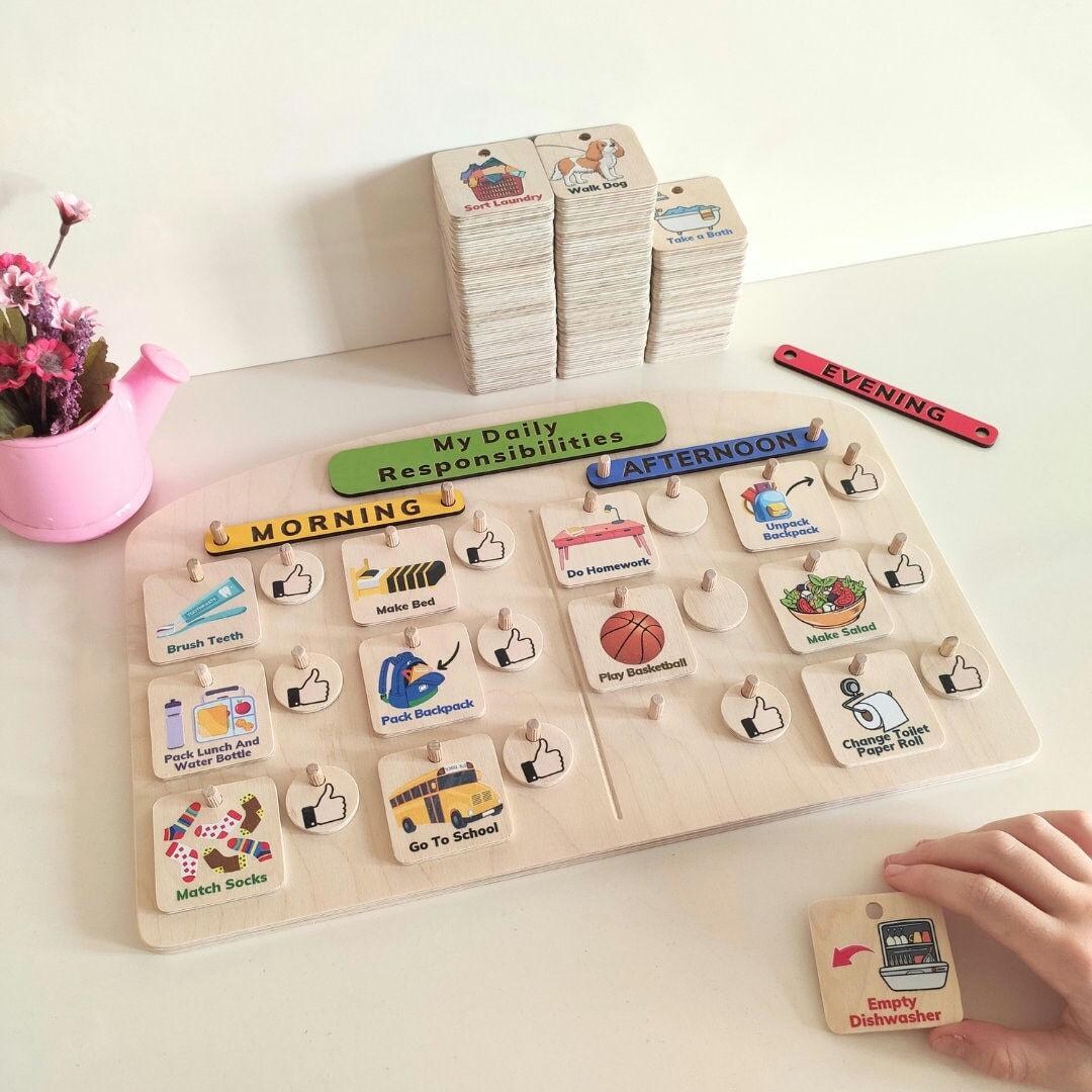 Wooden Kids Chore Chart: Montessori Daily Visual Routine, Montessori ...