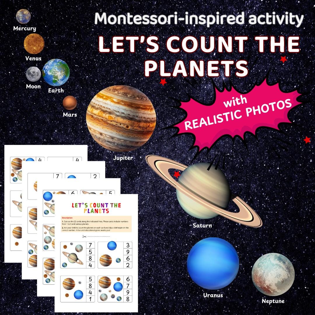 Montessori Planet Counting Game: Space Learning Clip Cards (printable ...