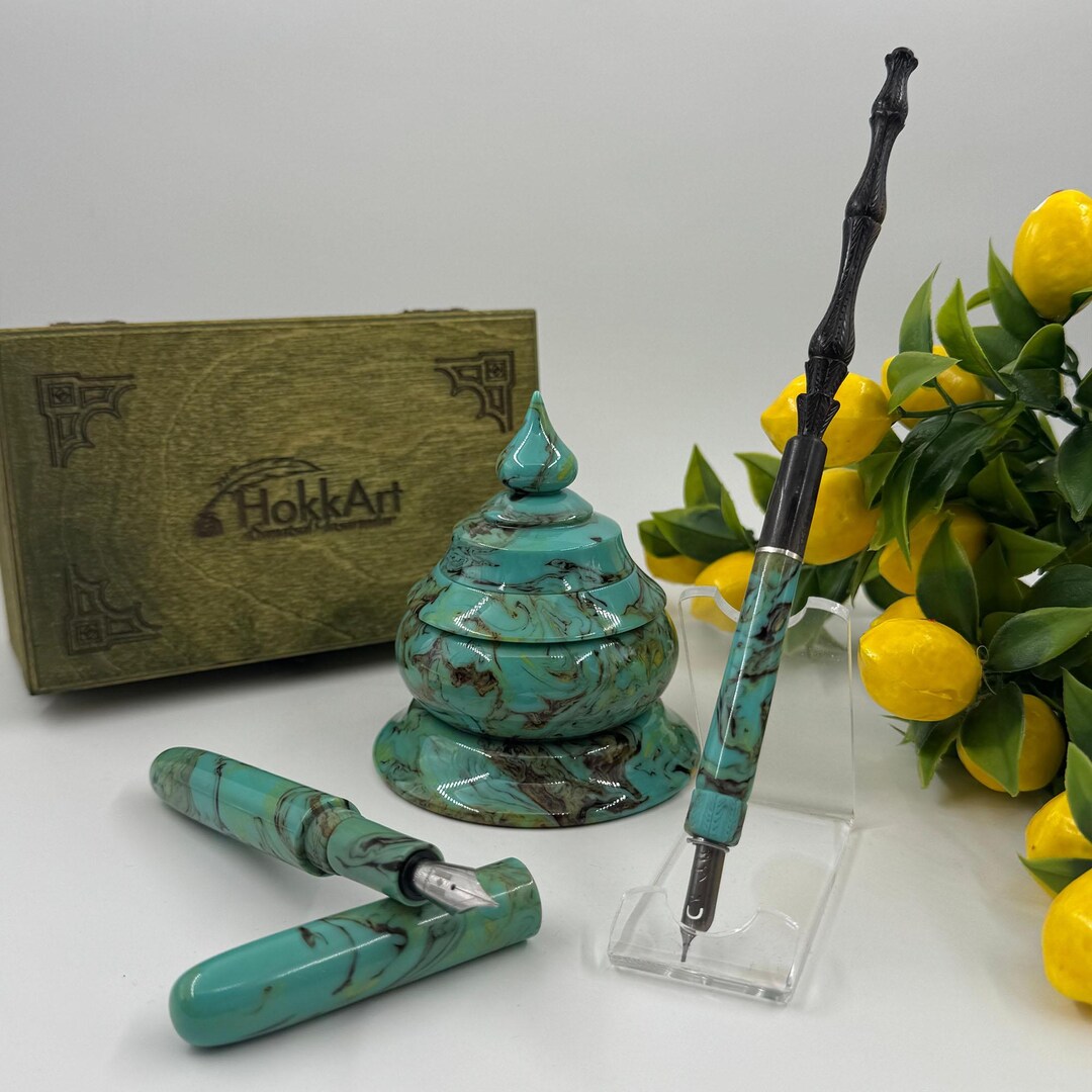 Handmade Turkish Calligraphy Set: Amber Ink Pot & Ebony Dip Pen - Etsy