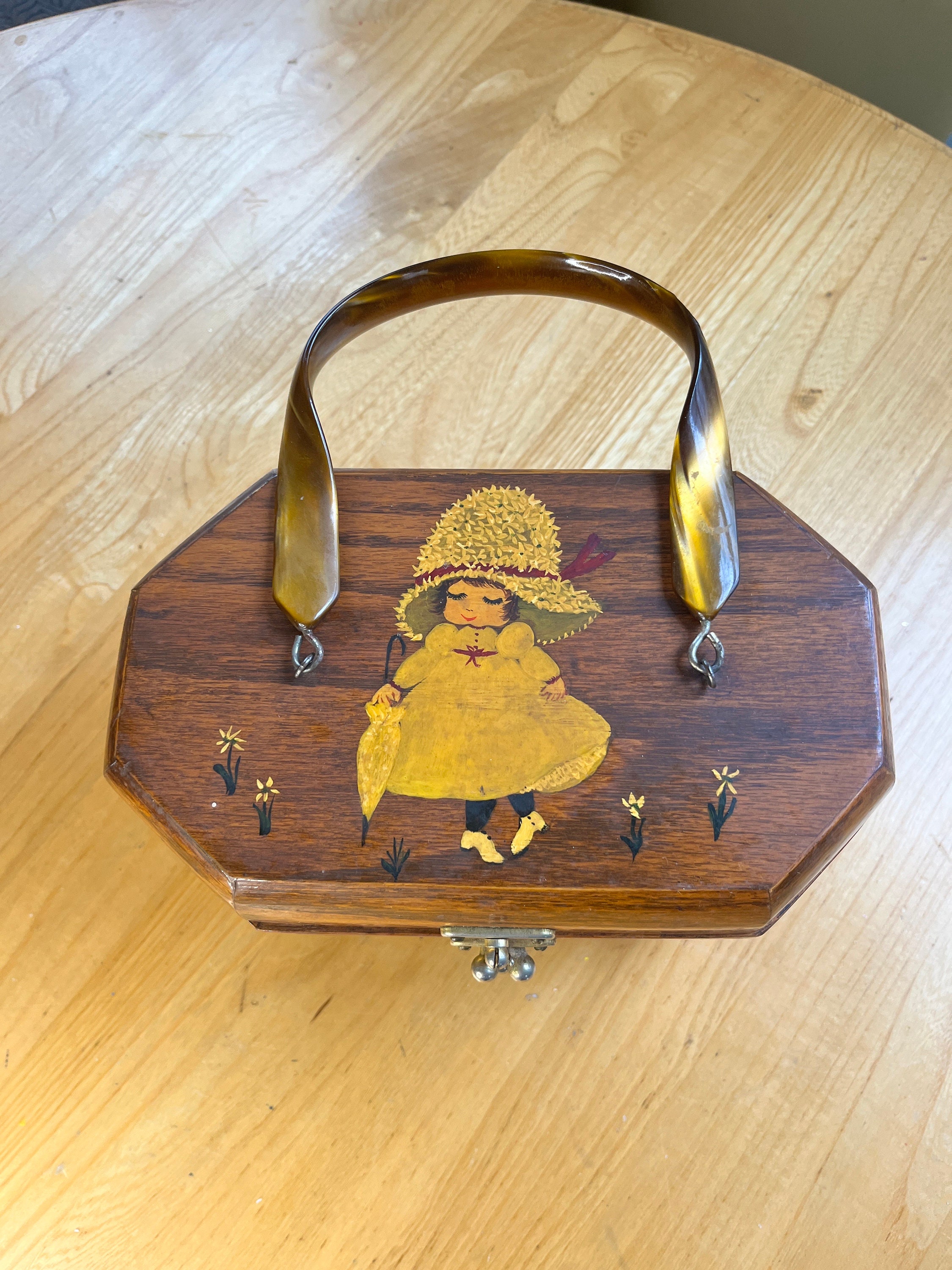 Rare One of a Kind 1970's Vintage Wooden Purse - Retro Girl Paintings ...