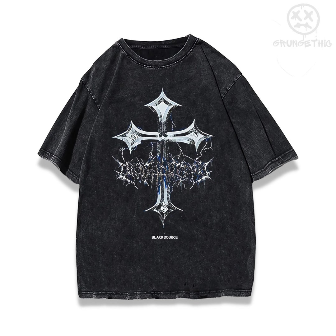 Retro Washed Gothic Shirt, Gothic Cross Shirt Y2k Grunge Clothing 90s ...