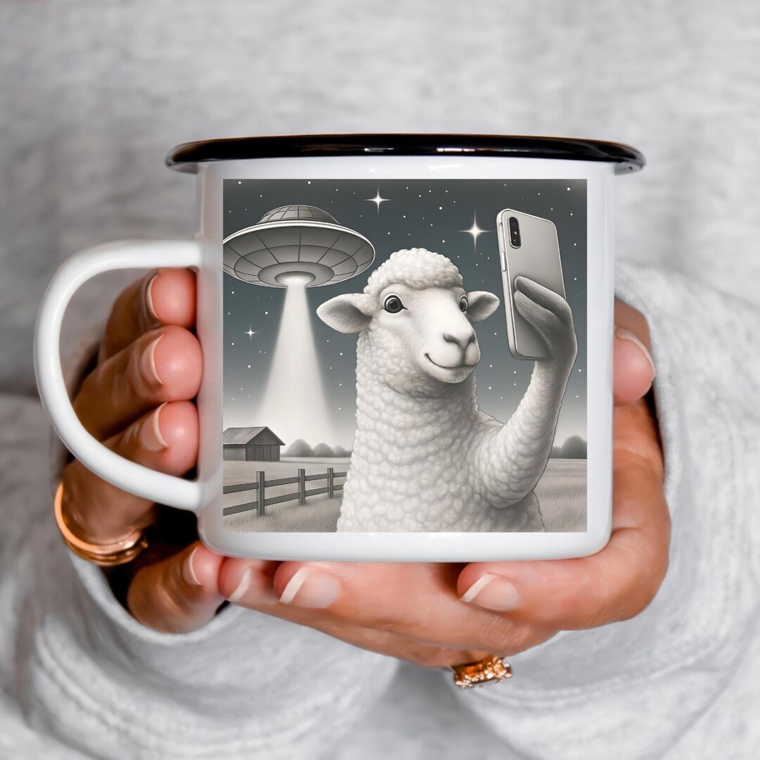UFO Selfie Sheep Funny Enameled Mug, Quirky Coffee Lovers Gift, Space ...