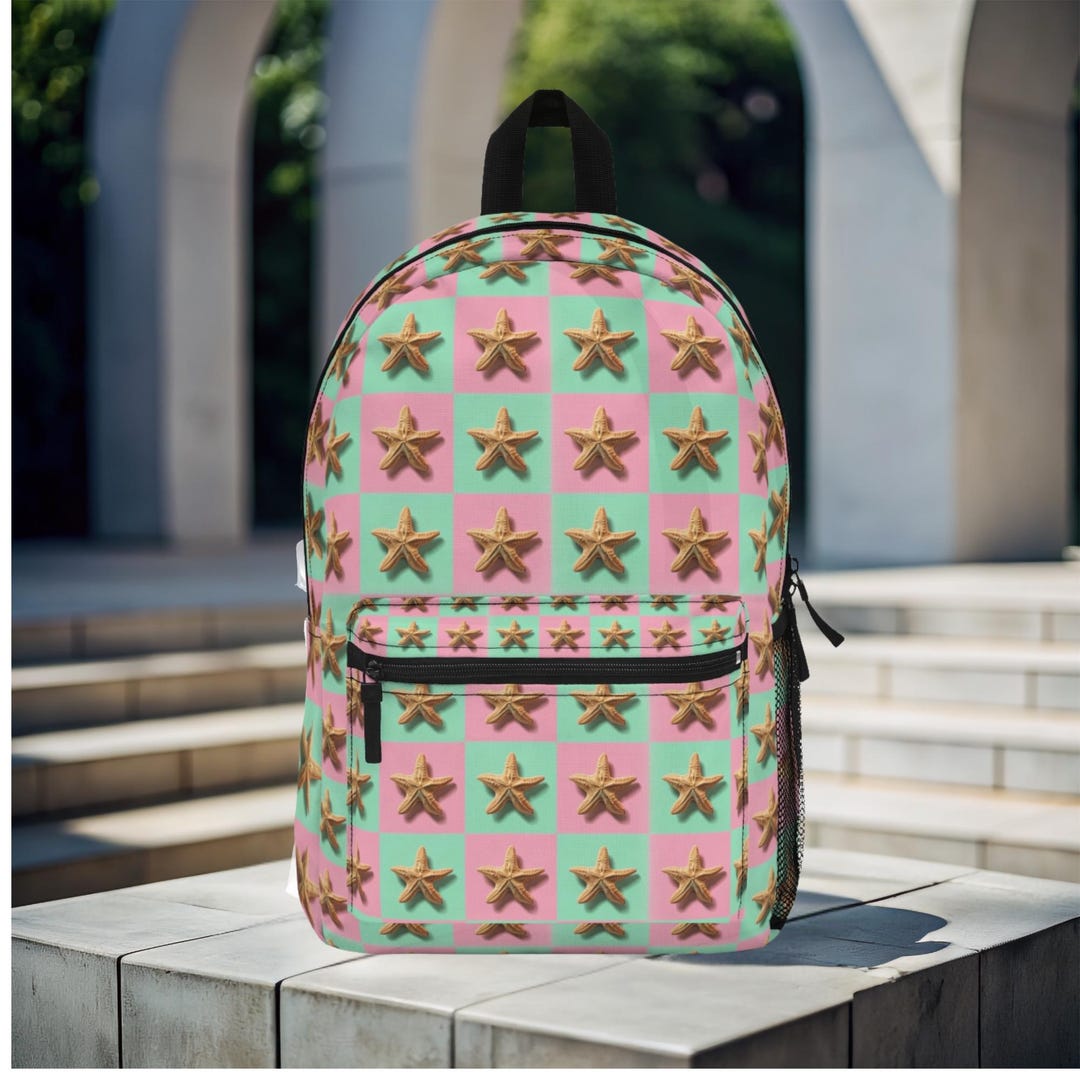 Pink Mint Starfish Backpack, Coastal Pastel Beach Bag, Lightweight ...