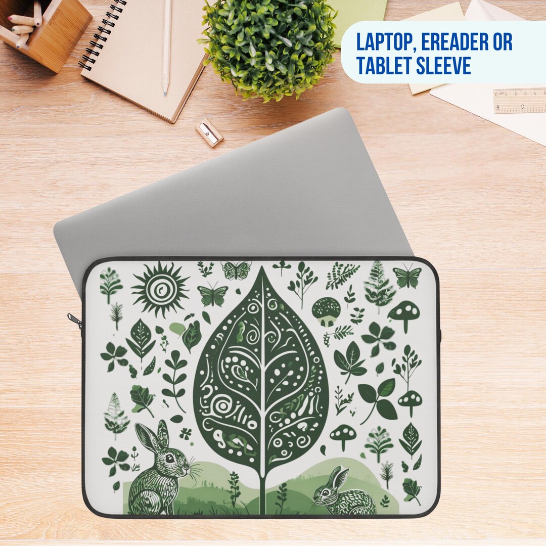 Green Nature Laptop Sleeve With Bunnies and Leaf Art, Ereader Tablet or ...
